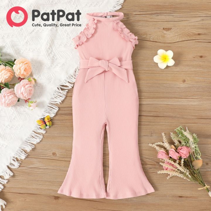 PatPat Toddler Girl Pink Ruffle Trim Belted Rib-knit Halterneck Jumpsuit | Lazada PH