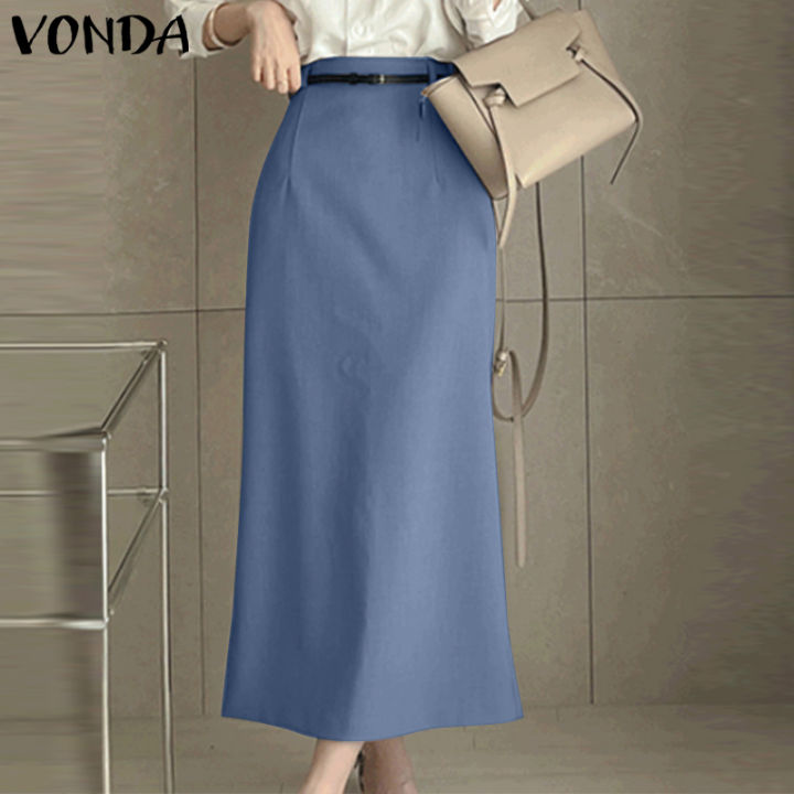 VONDA ชุดคลุมกระโปรงสีทึบสำหรับผู้หญิงใส่ทำงานกระโปรงดินสออัดพลีทแบบ ...