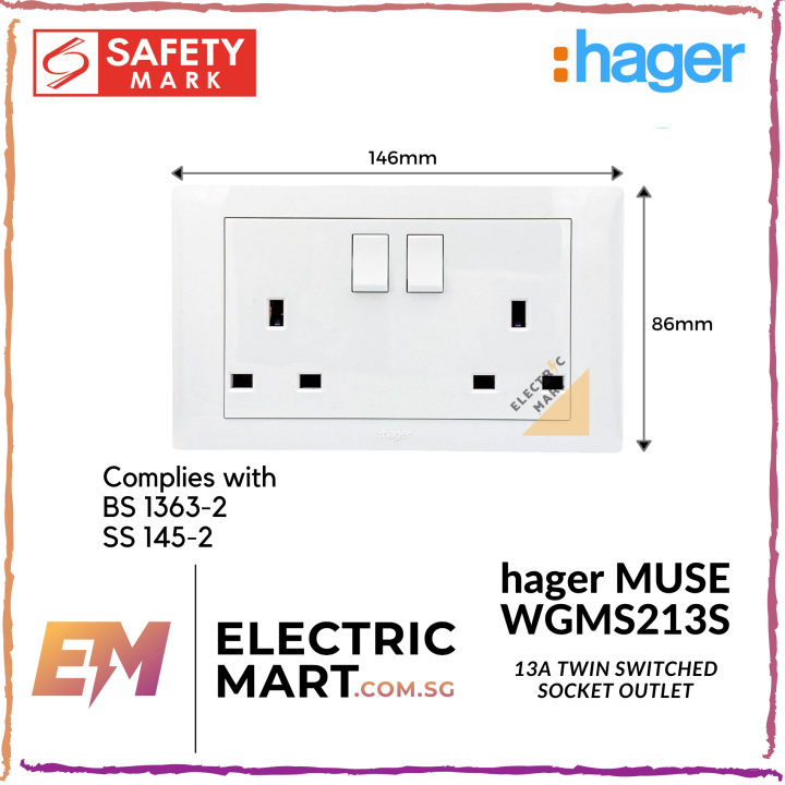 hager MUSE WGMS213S 13A twin switched socket outlet c/w M3.5 x 27mm ...