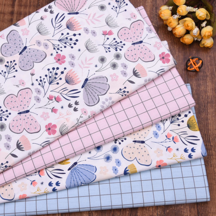 Pink Blue Butterfly Flower Grid Printed Combed Cotton Twill Woven ...