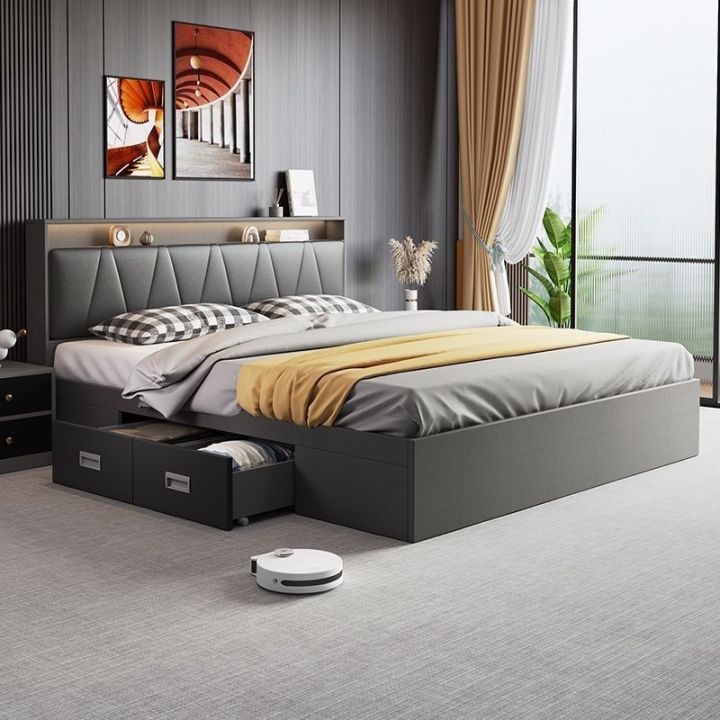 Leather And Solid Wood Bed Frame Storage Solid Wooden Bed Frame Bed ...