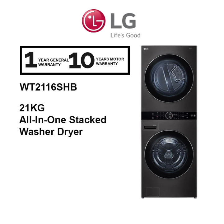 LG 21KG WashTower All-In-One Stacked Washer Dryer WT2116SHB (21KG Heat Pump Dryer and 16KG Front ...