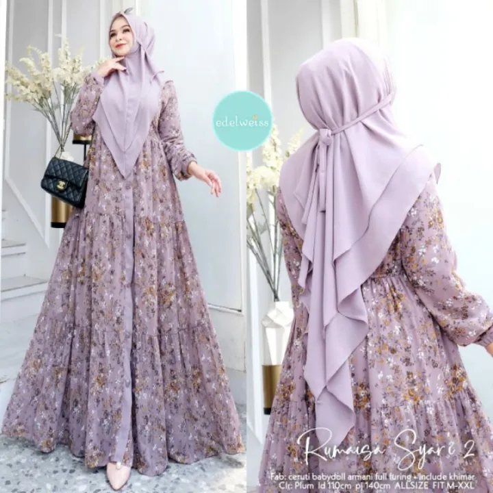 Rumaisa #2 set syari ( dress + hijab) printed chiffon maxi dress ...
