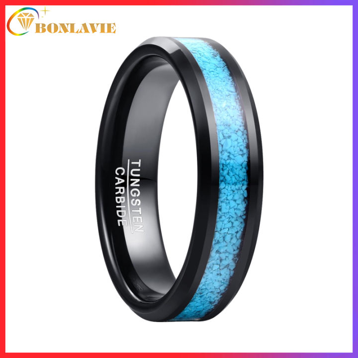 BONLAVIE Unsex 6mm Tungsten Carbide Ring Crushed Turquoise Inlay ...