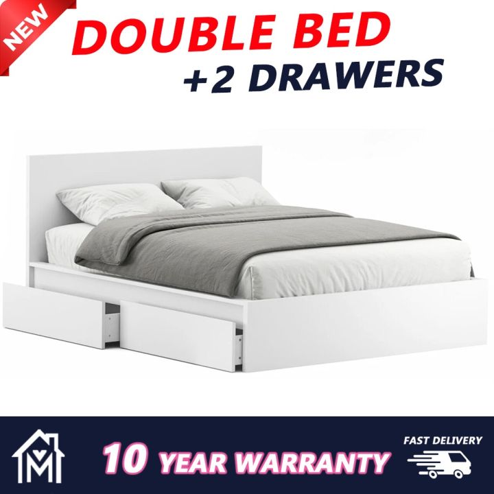 ISTER Wooden Double Bed Frame - Full White Bedframe Comes with 2 ...