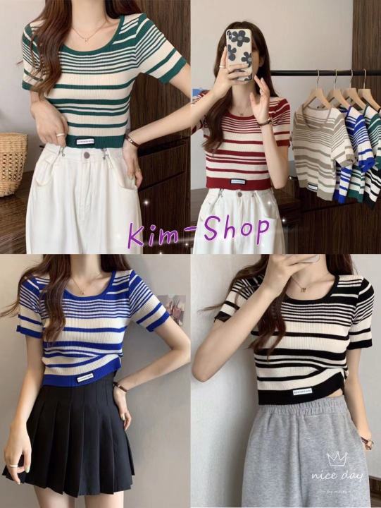 💕Kim-shop*พร้อมส่ง😍เสื้อยืดแฟชั่น แขนสั่น ลายทางผ้าล่อง | Lazada.co.th