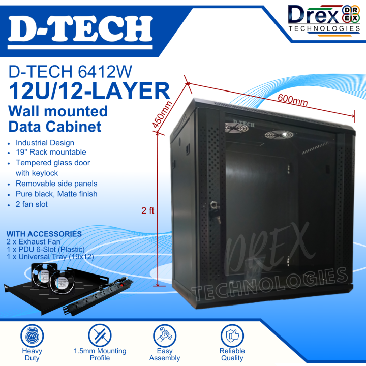 D-Tech 6412 12U Wallmounted Data Cabinet W=600x D=450x H=2FT with 2Fans, 1Pc PDU 6Slot and 1Pc ...