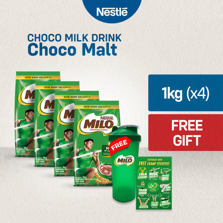 Milo Powdered Choco Malt Milk Drink 1kg - Pack of 4 with FREE Milo ...