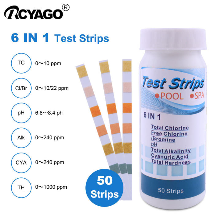 50 Strips 6 in 1 PH/Chlorine/Br/TC/Alk/CYA/TH Test Strips PH Chlorine ...