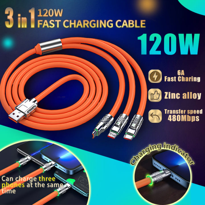 120W Fast Cable 3 in 1 USB Charging Cord Liquid Silicone Universal Cable | Lazada PH