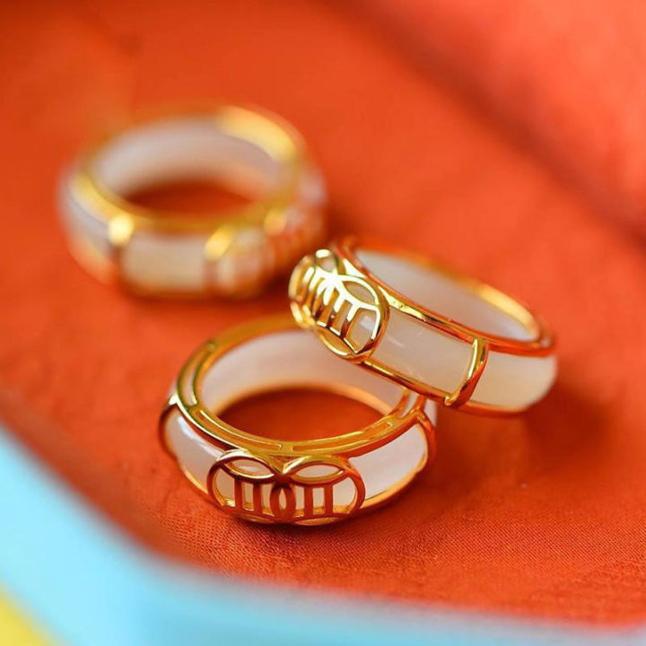 XYP S925 Sterling Silver Gold-Plated Natural Hetian Jade Ring women ...