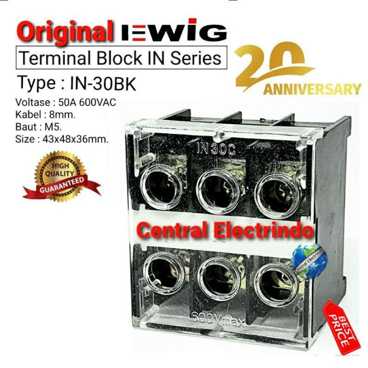 Terminal Block Blok IN-30BK 3Pole 50A Din Rail EWIG. | Lazada Indonesia