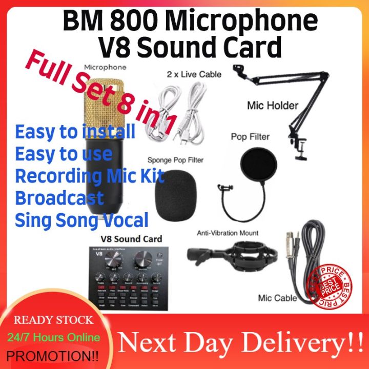 *READY STOCK* BM800 V8 Sound Card With Adjustable Microphone Condenser Record Mic Kit LiveStream ...