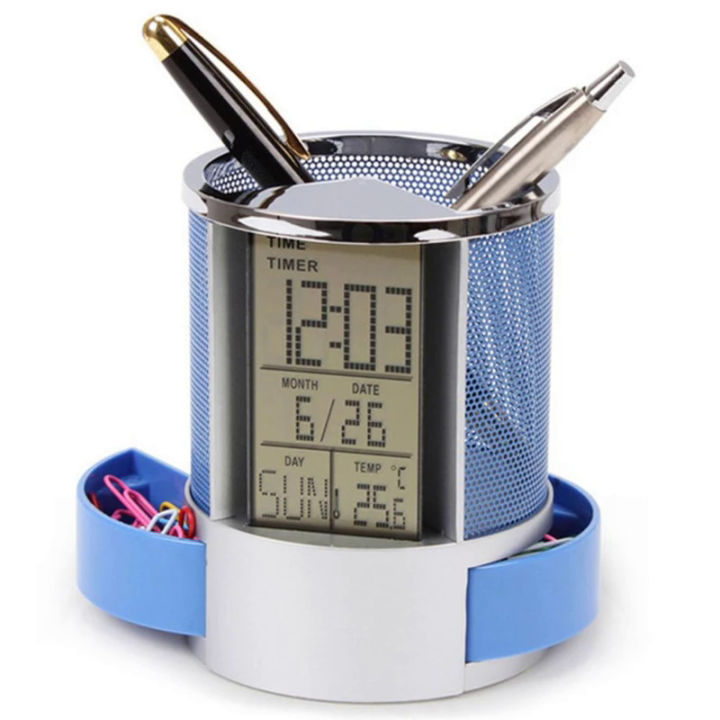 Office LCD alarm clock time temperature display pen holder pencil desk ...