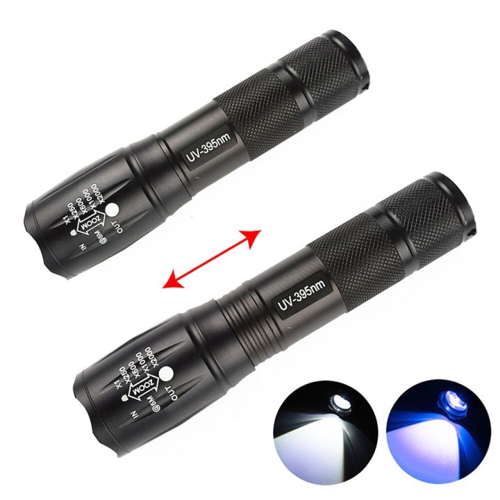 Purple White Dual Light Flashlight Zoom Retractable Torch Lamp LED ...