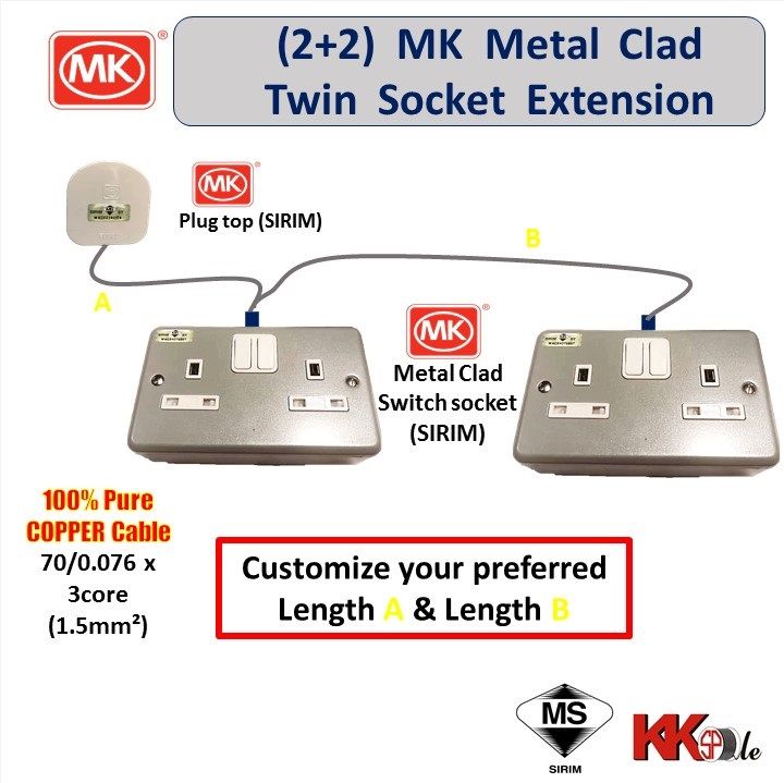 (3800W) Heavy Duty Extension (2+2) Two Twin MK brand Metal Clad switch ...