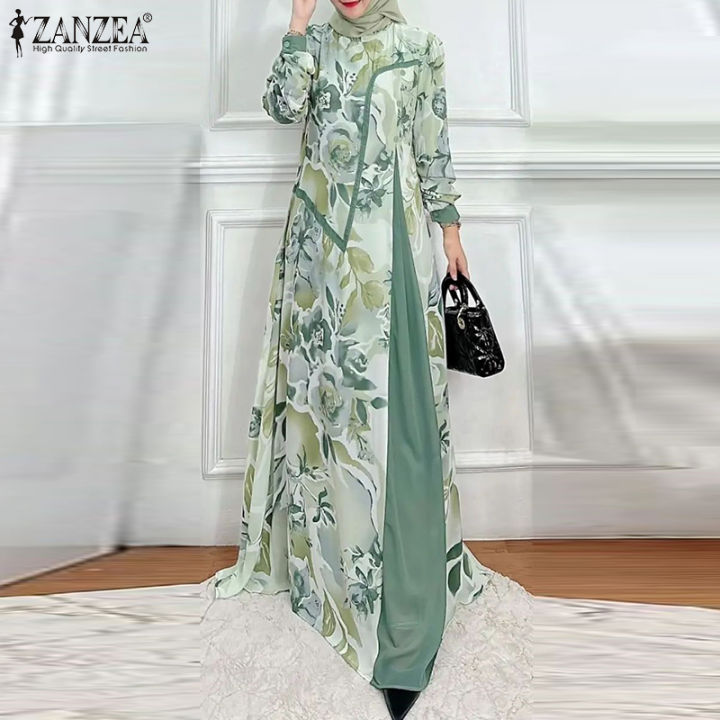 ZANZEA Muslimah Women Muslim Raya Clothes Kaftan Long Sleeve Floral ...