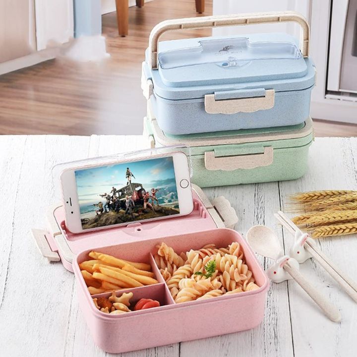 Bento Box and Lunch Box With Spoon and Chopsticks Microwaveable Wheat ...