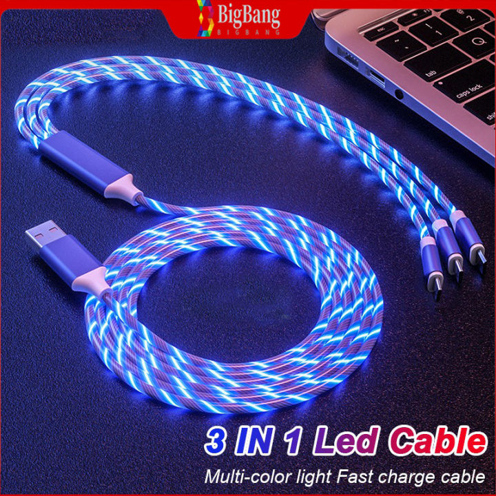3 in 1 USB Fast Charger Flowing Colors LED Glow Usb Cable Quick Charge ...