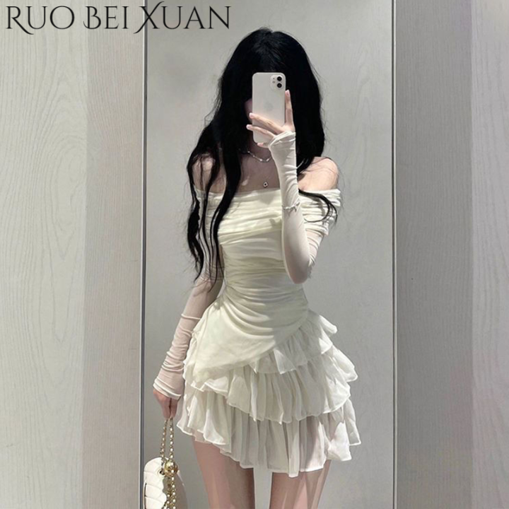 Ruo Bei Xuan เสื้อเข้ารูปเปิดไหล่แท้ + ชุดชุดกระโปรงเป็นชั้นสำหรับ ...
