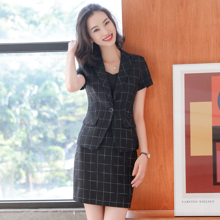 RYRYSTYLE Professional Black Plaid Suit Set for Women Short Sleeves ...