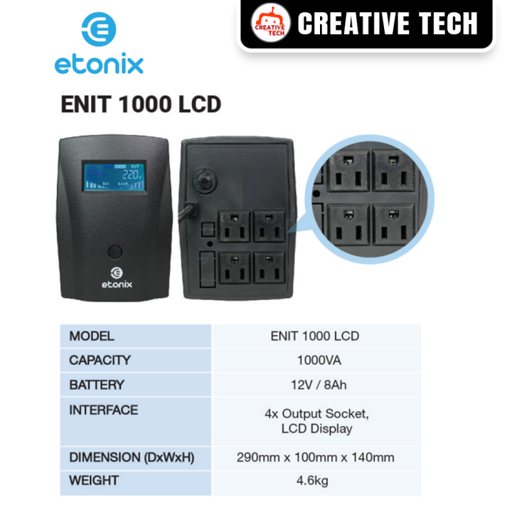Etonix ENIT 1000 LCD - Line Interactive UPS ( 1000VA / 600W, 12V / 8Ah , 4x Output Socket, LCD ...