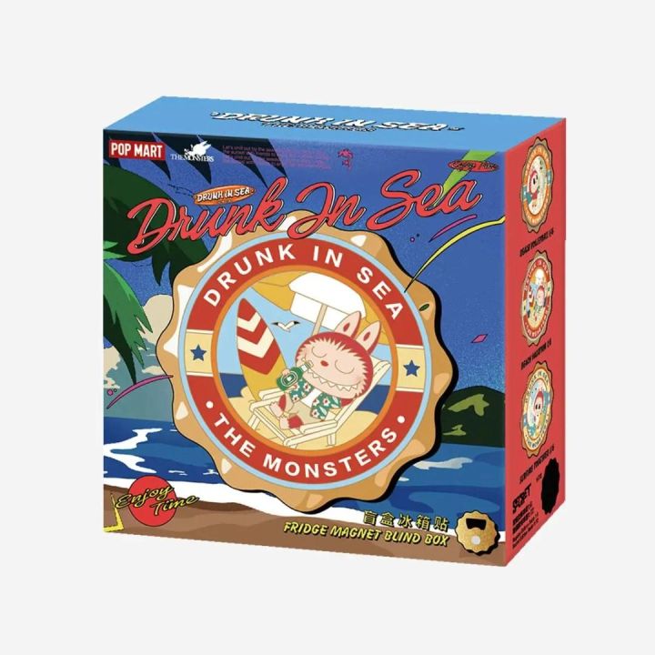 labubu drunk in sea instead of hide and seek fridge magnet, with bottle ...