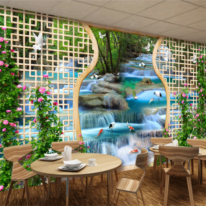 Chinese Style Waterfall Cranes Carp Wallpaper Mural Restaurant Hotel ...