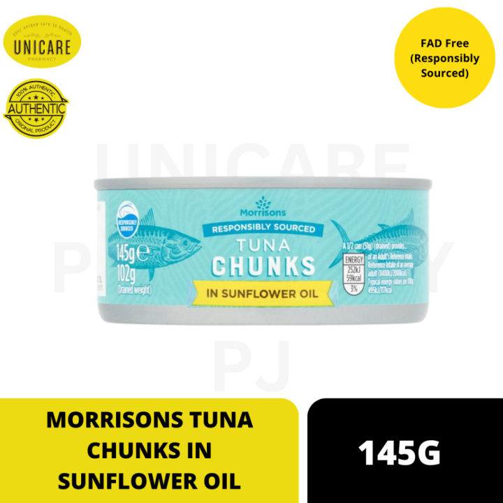 MORRISONS FAD FREE TUNA CHUNKS IN SUNFLOWER OIL 145G. Responsibly ...