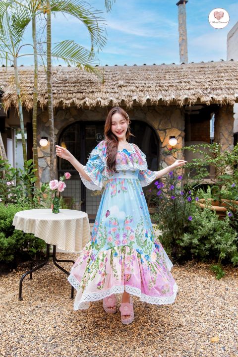 Maria diamond Magic Love dress สีฟ้าพิมพ์ลาย เดรสผู้หญิงพิมพ์ลาย เดรส ...