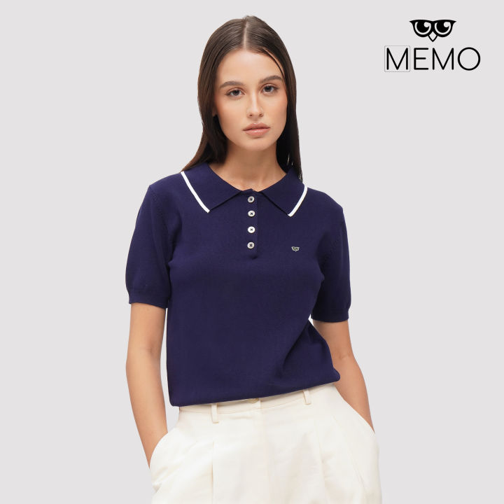 Memo Knit Polo With Collar Tipping For Women (Midnight Navy/White ...