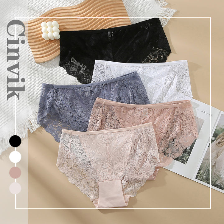 Cinvik 3pcs Lace Panties For Women Lace Flowers Cotton Inner Crotch