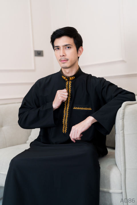 AD86 โต้บผู้ชายแขนยาวสีดำ แบรนนำเข้า เสื้อผ้าผู้ชายมุสลิม อิสลาม ชุดรายอ ชุดออกบวช ชุดออกงาน ...