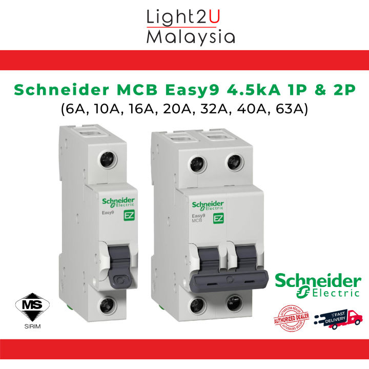Schneider MCB 1 Pole / 2 Pole 4.5KA Easy9 C-Curve | Miniature Circuit Breaker (6A/10A/16A/20A ...
