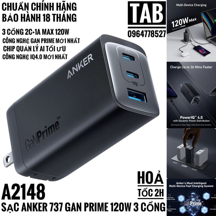 Sạc Anker 737 120w [Gan Prime] IQ4.0 2C+1A - A2148 (Bảo Hành 18 Tháng) | Lazada.vn