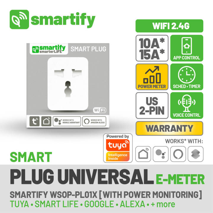 SMARTIFY WIFI UNIVERSAL PLUG SOCKET with POWER MONITORING 10A/15A (PL01X 220V US 2-PIN ...