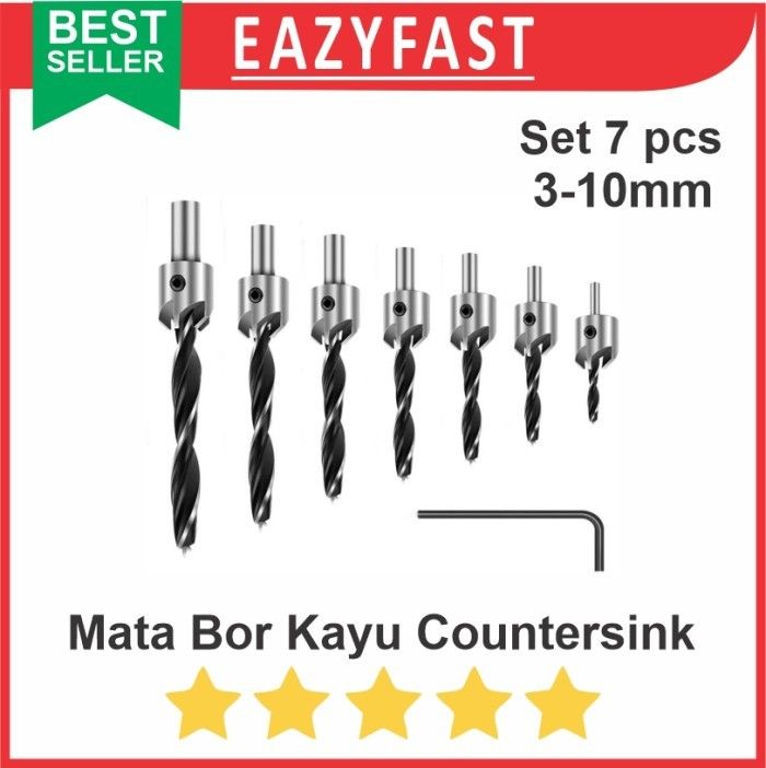 Mata Bor Kayu Countersink Baut Skrup HSS 3-10mm Set 7 Wood Drill Bit ...