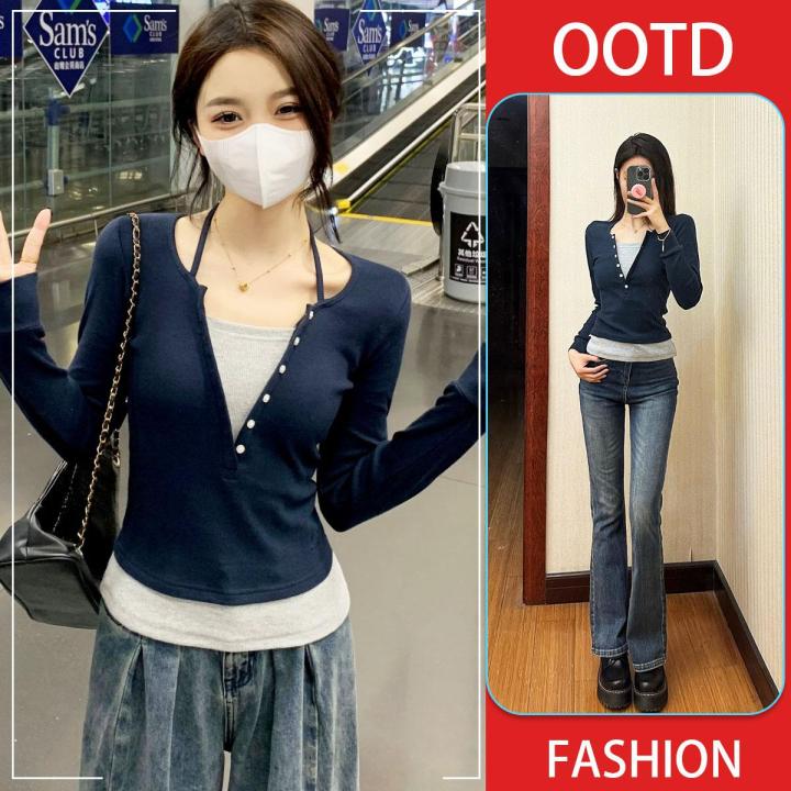 mimi&didi เสื้อไหมพรมแขนยาว Y2K เสื้อครอปเข้ารูปแฟชั่น เสื้อสองชิ้นปลอมเซ็กซี่ ย้อนยุค คอวีสุด ...