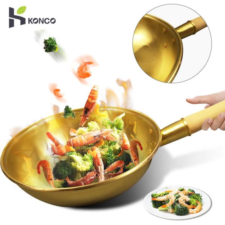 Konco 100% Pure Copper Wok Pan Copper Pot Thickened Wooden Handle ...