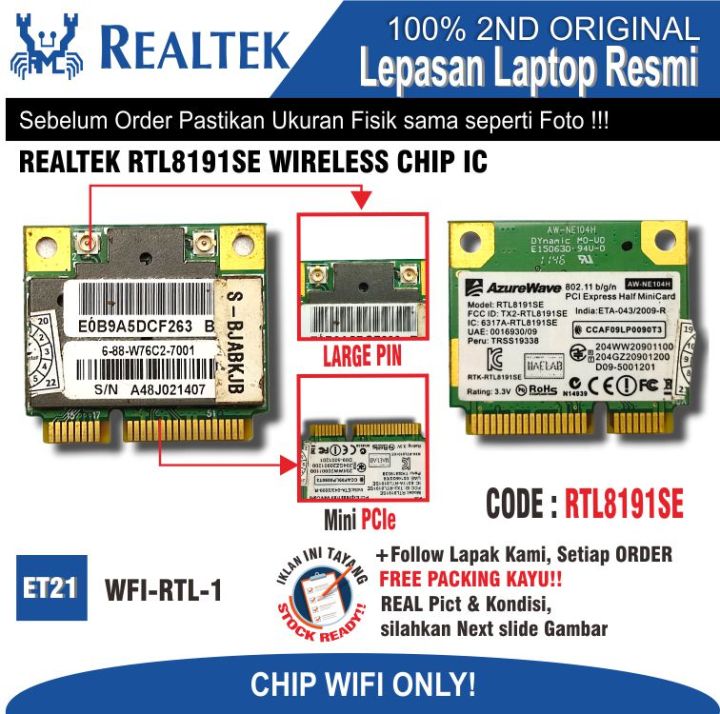 ET21 WFI-RTL-1 Internal WiFi Card WiFi Chip Laptop Notebook Netbook ...