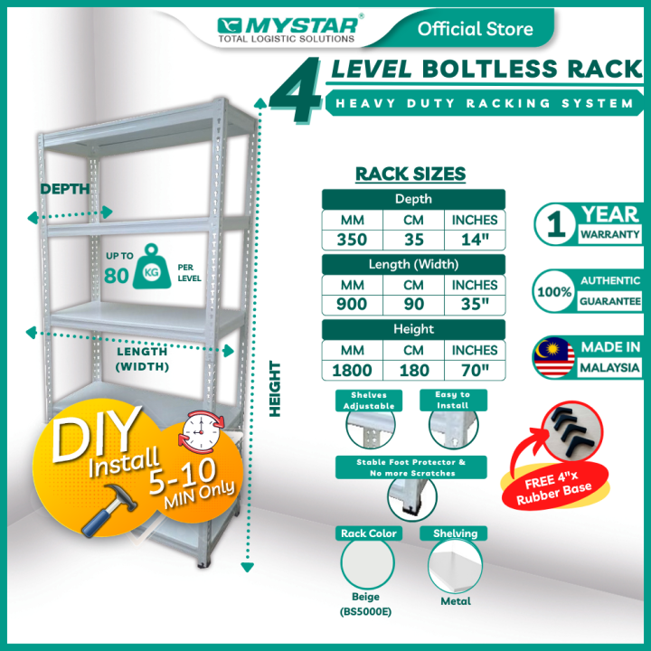 MYSTAR 4 Tier Boltless Rack W90 x D35 x H180 cm Heavy Duty Storage ...