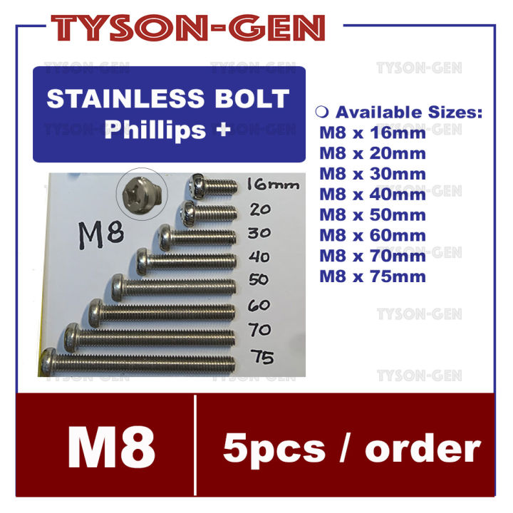 M8 Stainless Bolts 5pcs Phillips head - M8 x 16mm - 75mm (nuts ...