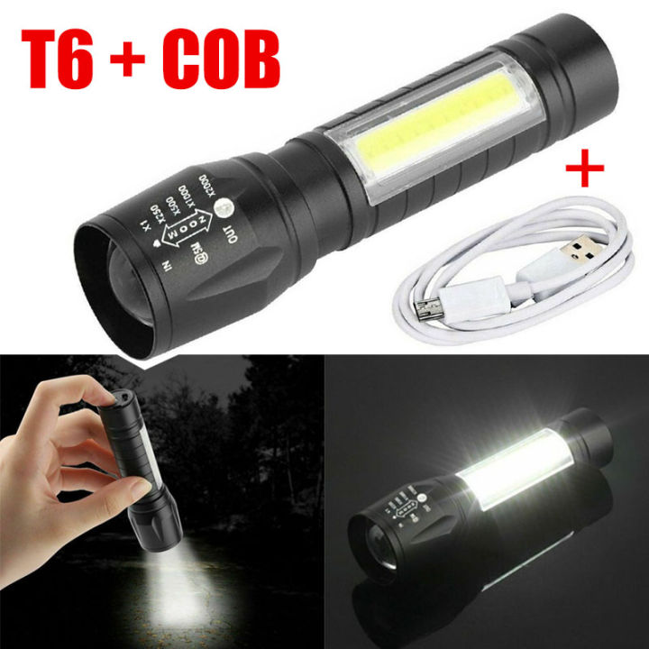 Portable T6 COB LED Tactical USB Rechargeable Zoomable Flashlight Lamp ...