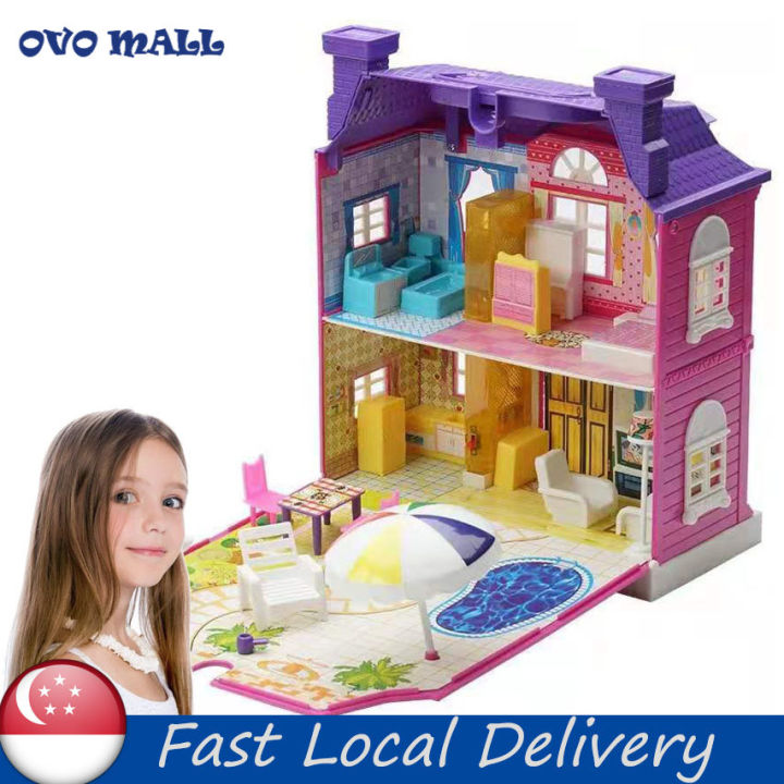SG Pink Villas Doll House for Girl, Doll house with Miniature Furniture ...