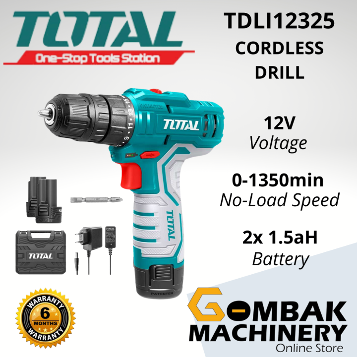TOTAL TDLI12325 12V 1.5Ah Li-ion Cordless Drill -2 Speeds & 2 Batteries ...