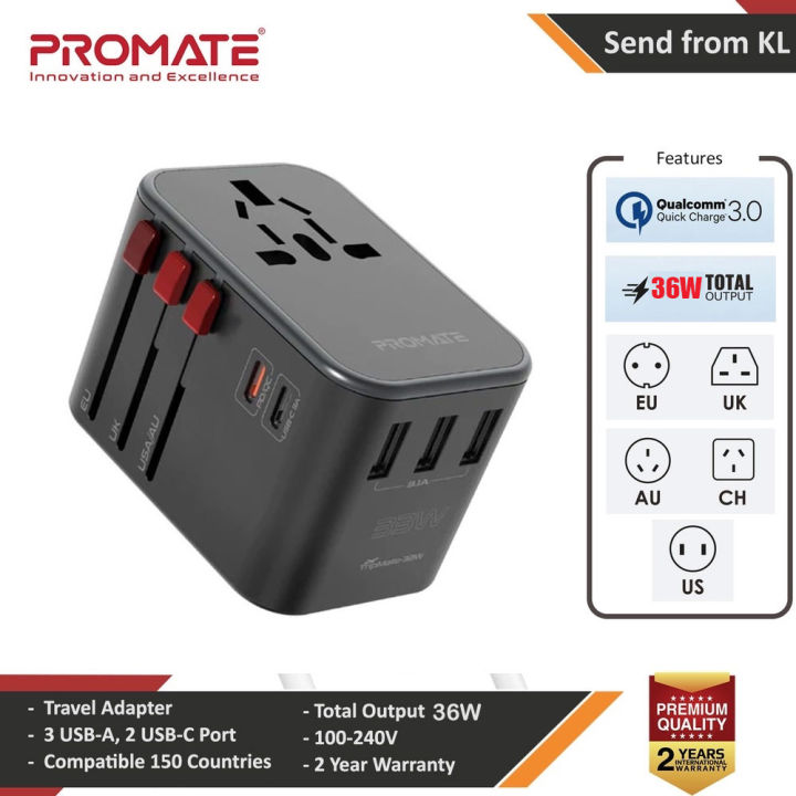 Promate Universal Travel Adapter Charger with USB C Port 18W Total ...
