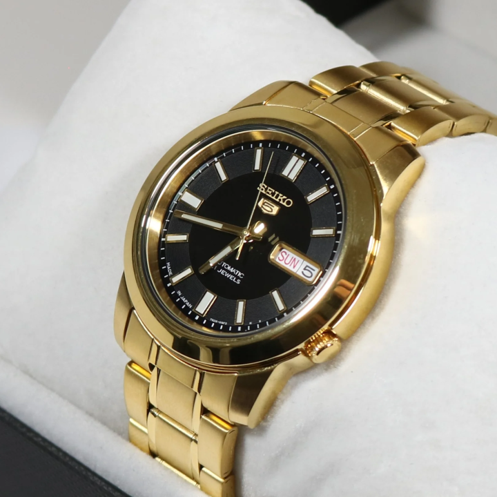 Seiko 5 Men's Automatic Gold Tone Stainless Steel Black Dial Watch ...