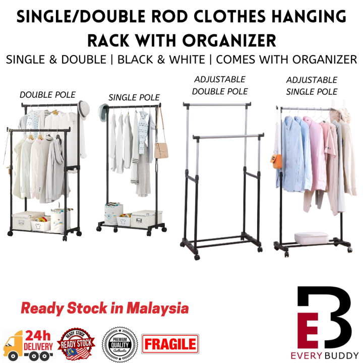 Single/Double-Pole Clothes Hanging Rack Laundry Cloth Drying Rack ...