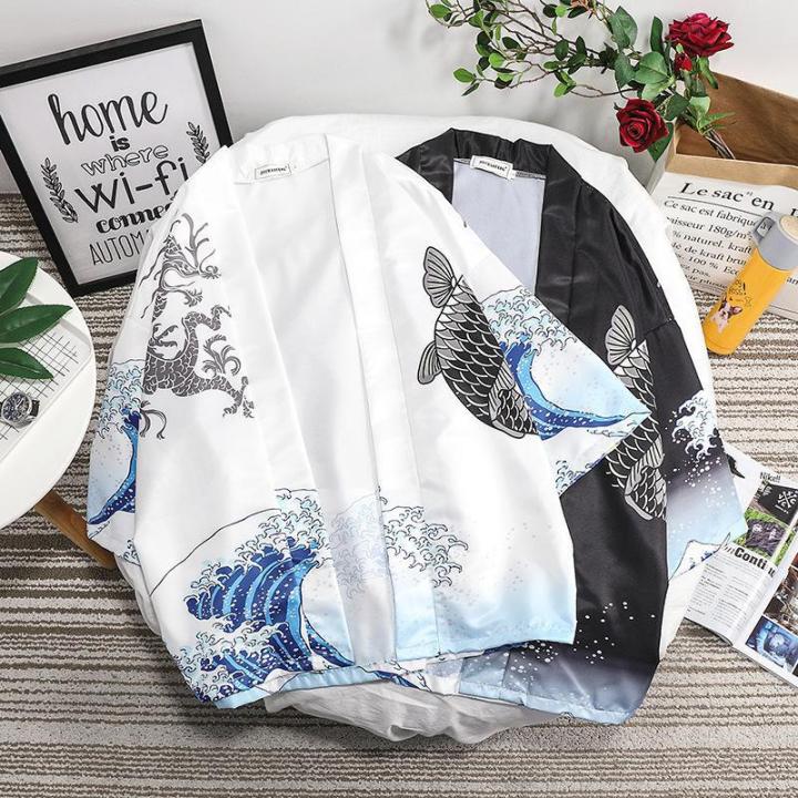 VANAQ Harajuku Kimono Jacket Japanese Kanagawa Great Wave Hip Hop Mens ...