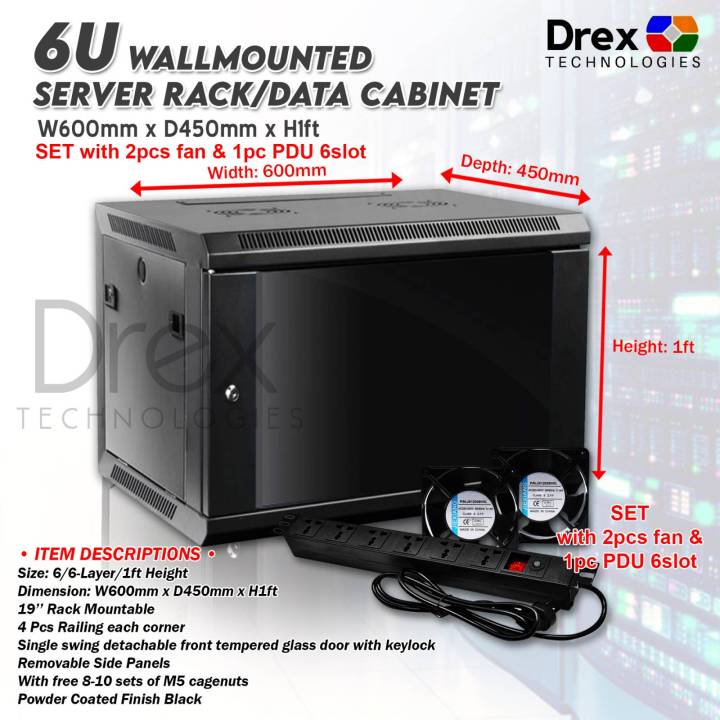 6U 6-Layer Wallmounted Data Cabinet / Server Rack W=600 x D=450mm x H ...